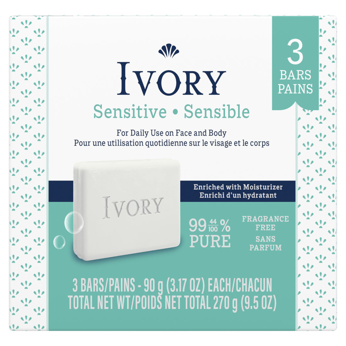 Ivory Sensitive Bar Soap Fragrance Free Designed for Whole Family 99.4